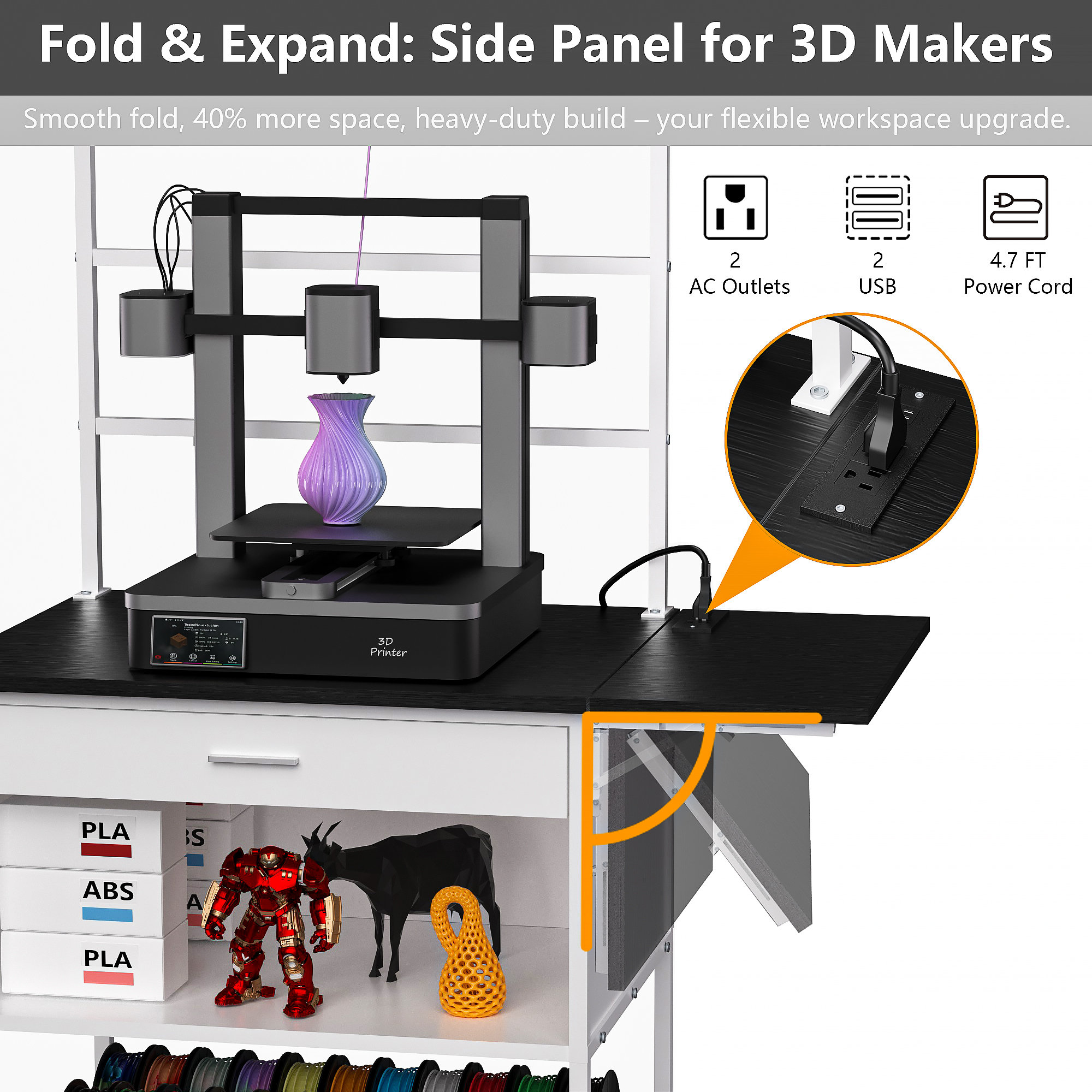 GIOTORENT Foldable 3D Printer Rack & Filament Storage Organizer - Heavy Duty Metal Shelving with ...